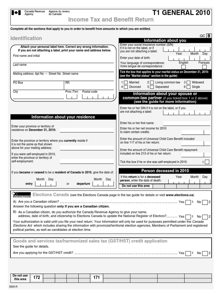 Income Tax and Benefit Return: T1 GENERAL 2010 | PDF | Tax Deduction ...