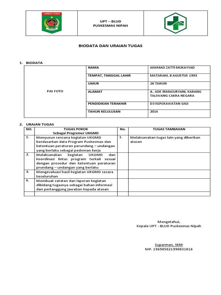 Biodata Dan Uraian Tugas Ukgmd | PDF