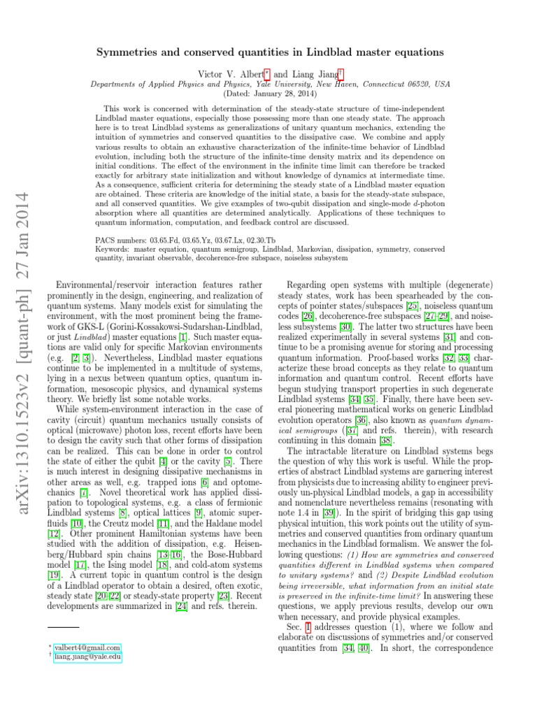 Albert Arxiv 2014 Symmetries and Conserved Quantities in Lindblad ...