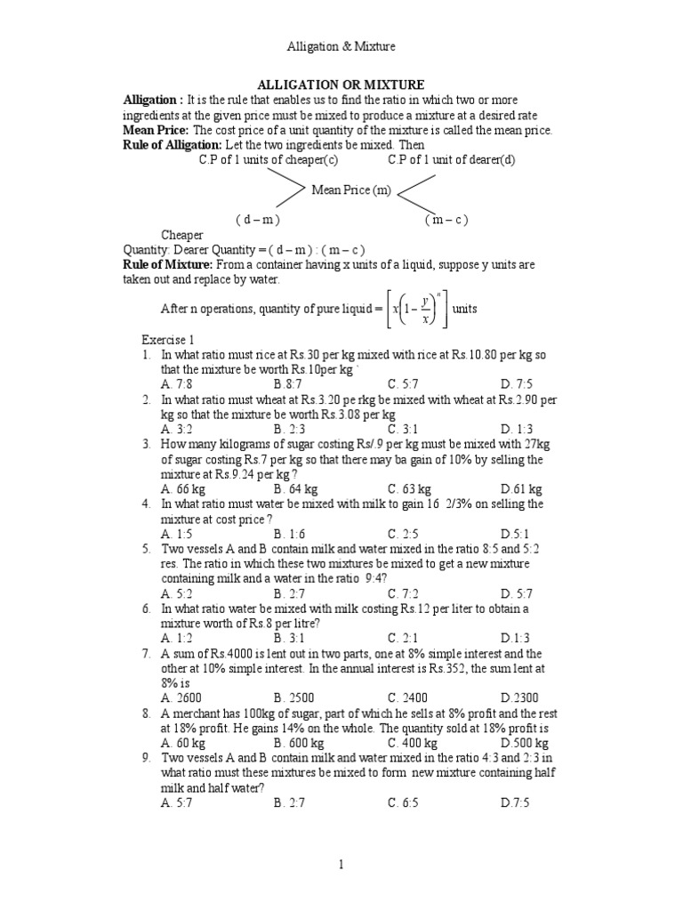 Alligation or Mixture | PDF | Ratio | Kilogram