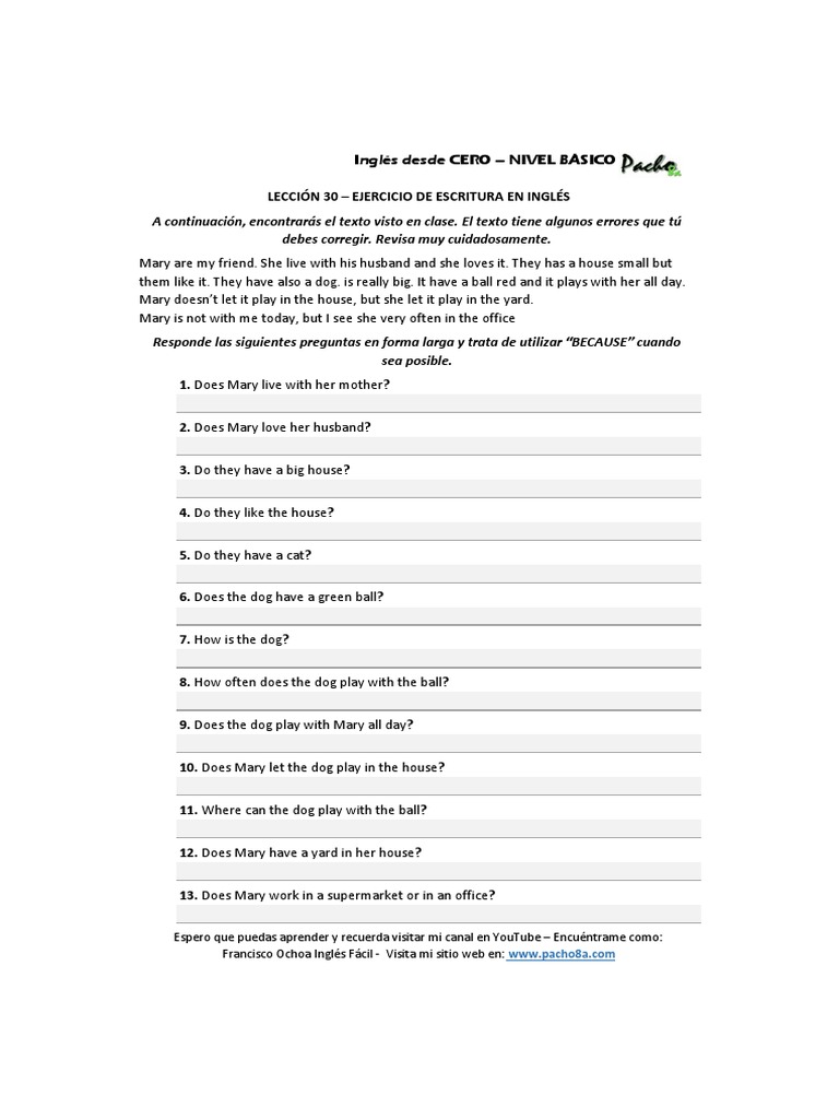 Lección 30 Ejercicio De Escritura En Ingles Pdf Food Retailers