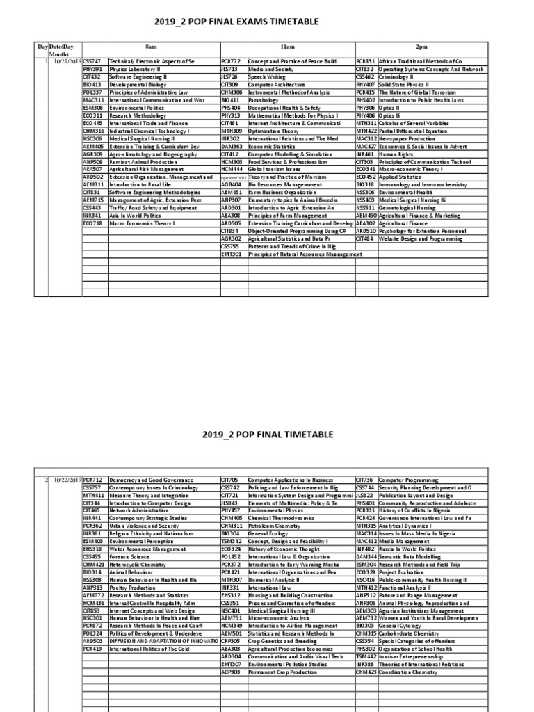 NOUN 2019 2 POP Final Exam Timetable | PDF | Agriculture | Public ...