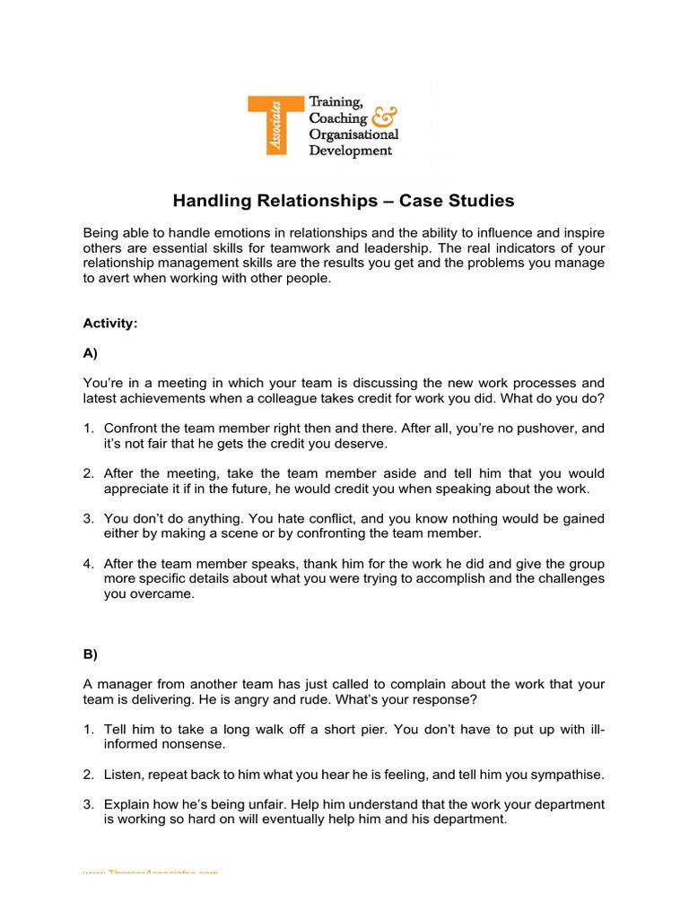 Case Studies (Handling Relationships) | PDF | Cognition | Behavioural ...
