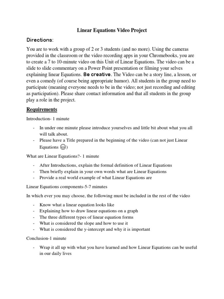 Linear Equations Video Project | PDF