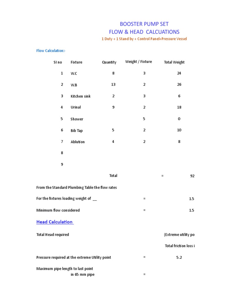 Booster Pump Sheet | PDF | Plumbing | Hydraulic Engineering