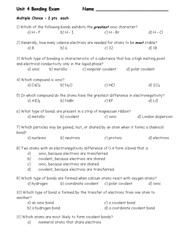 Bonding Practice Test PDF | PDF | Chemical Polarity | Covalent Bond