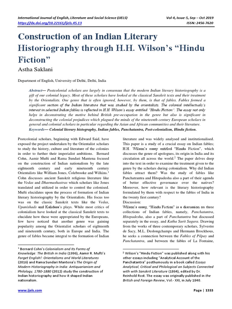 Construction of An Indian Literary Historiography Through H.H. Wilson's "Hindu Fiction" | PDF ...