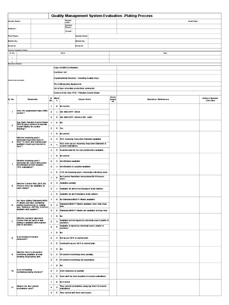 Plating Process Audit Checksheet 9332E-X | Audit | Iso 9000