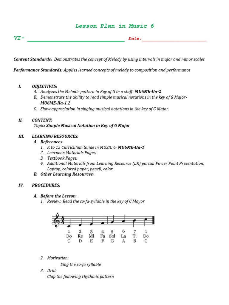 Lesson Plan in Music 6 VI - : Date | PDF | Musical Notation | Scale (Music)