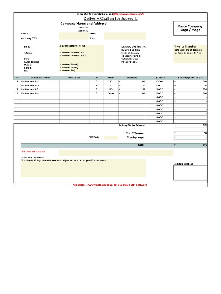 Delivery Challan For Jobwork: (Company Name and Address) Paste Company ...