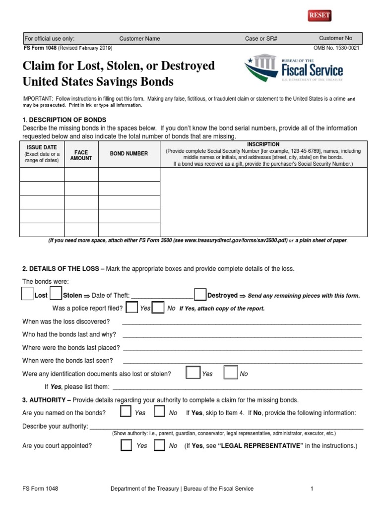 Claim For Lost, Stolen, or Destroyed United States Savings Bonds | PDF ...