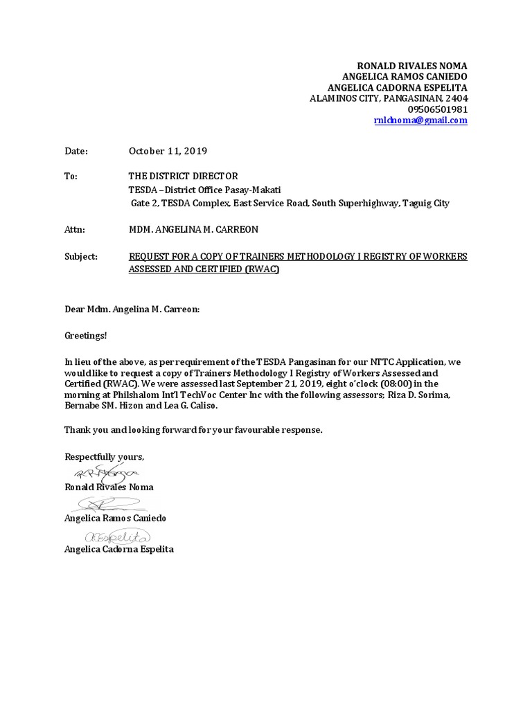 Request Letter For RWAC of TM1 | PDF