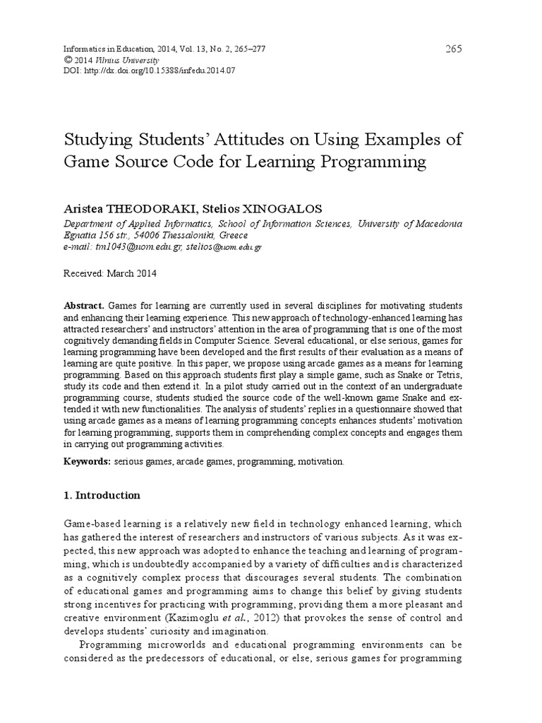 Studying Students' Attitudes On Using Examples of Game Source Code For ...
