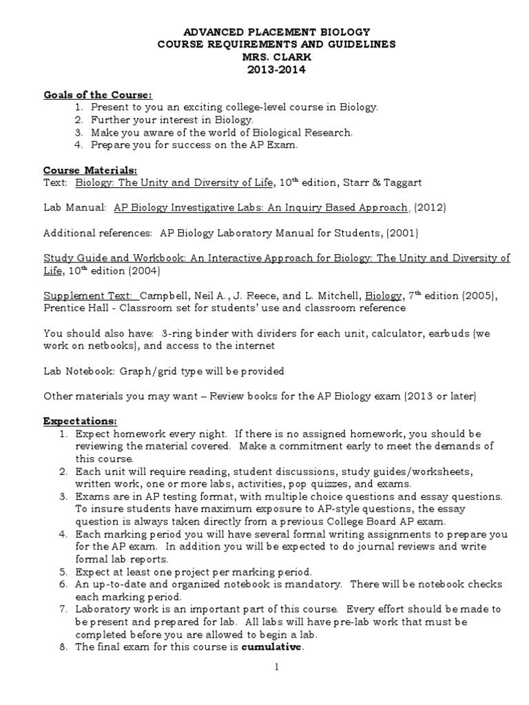 AP Biology Course Guidelines 2013-2014 | PDF | Cell (Biology) | Organisms