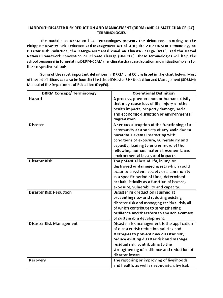 Handout - DRRM CC Terminologies | PDF | Climate Resilience | Greenhouse Gas