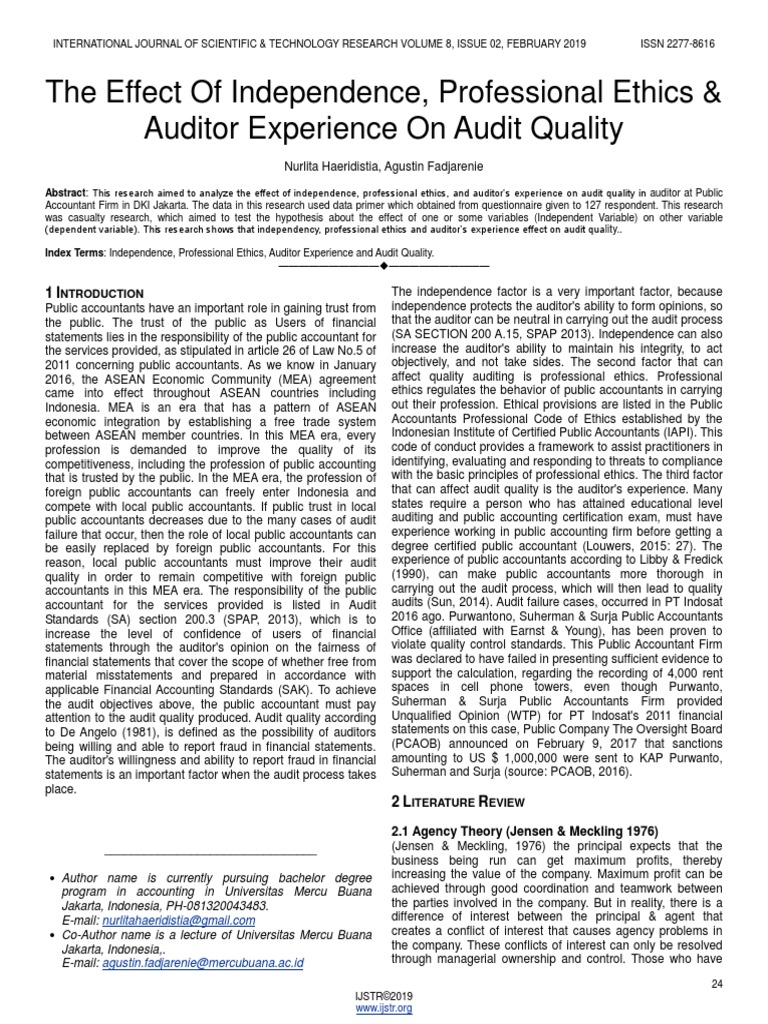 The Effect of Independence Professional Ethics Auditor Experience On ...