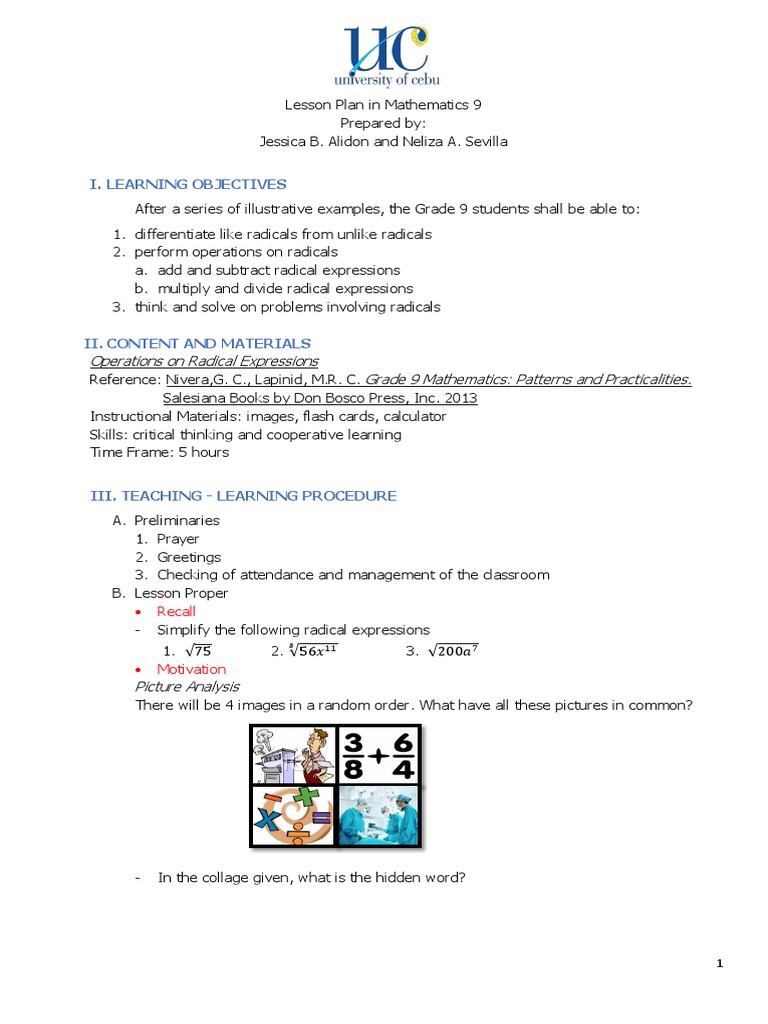 Lesson Plan in Grade 9 - Operations On Radicals - Finals - 1 | PDF ...