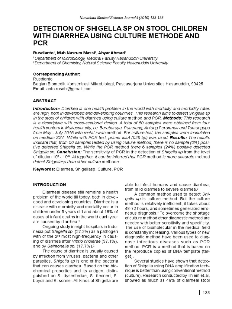 Detection of Shigella SP On Stool Children With Diarrhea Using Culture ...