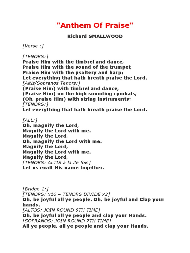 Anthem of Praise Richard Smallwood CHOIR | PDF