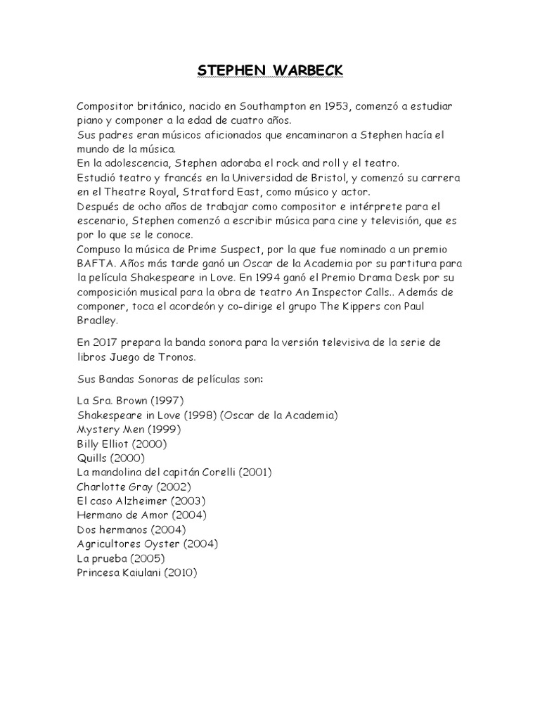 Compositor Stephen Warbeck: Biografía y Obras | PDF | Arte