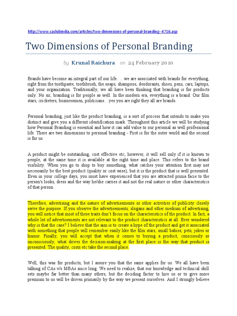 Two Dimensions of Personal Branding | PDF | Brand | Behavioural Sciences