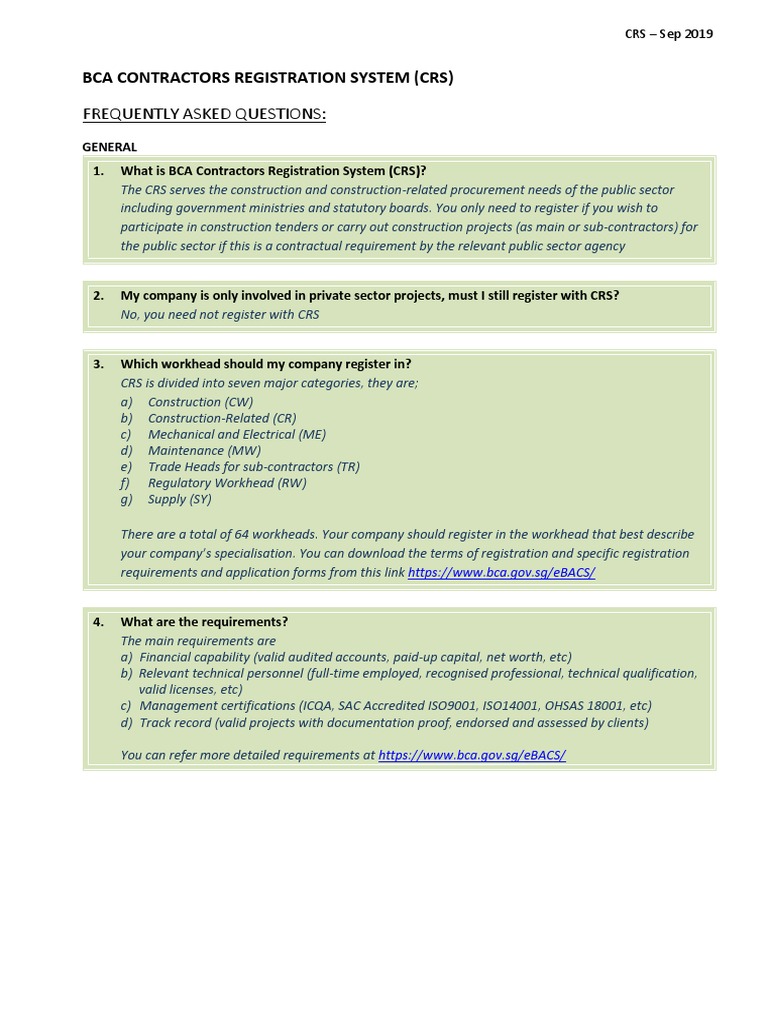 Frequently Asked Questions:: Bca Contractors Registration System (CRS ...