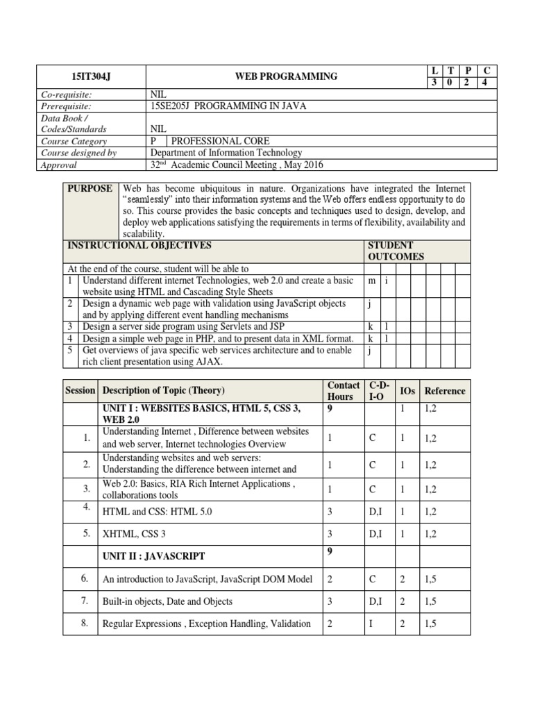 15IT304J Web Programming L T P C 3 0 2 4 | PDF | Ajax (Programming ...