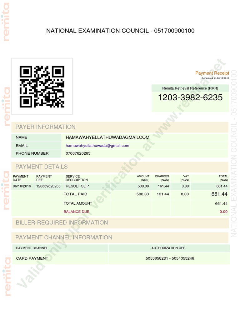 NECO Payment Receipt 2019 | PDF