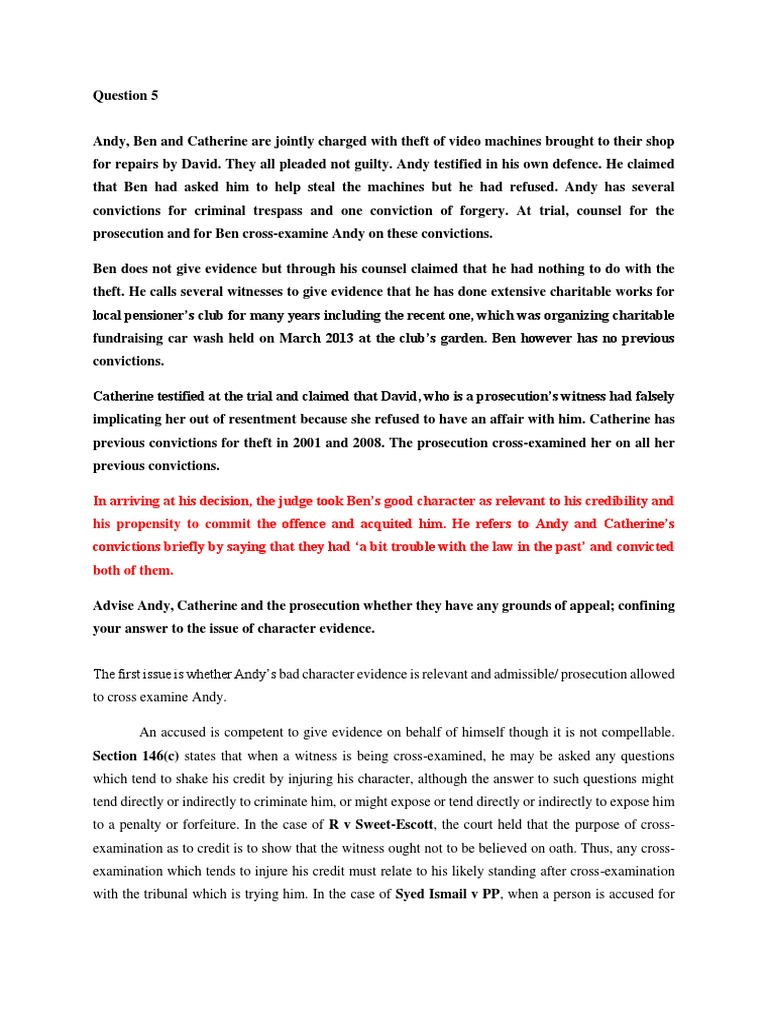 Question 5 Tuto Evidence (Character) | PDF | Prosecutor | Witness