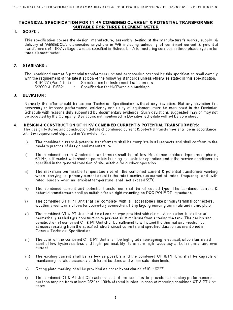 11KV Combined CT & PT Specification | PDF | Transformer | Electrical ...