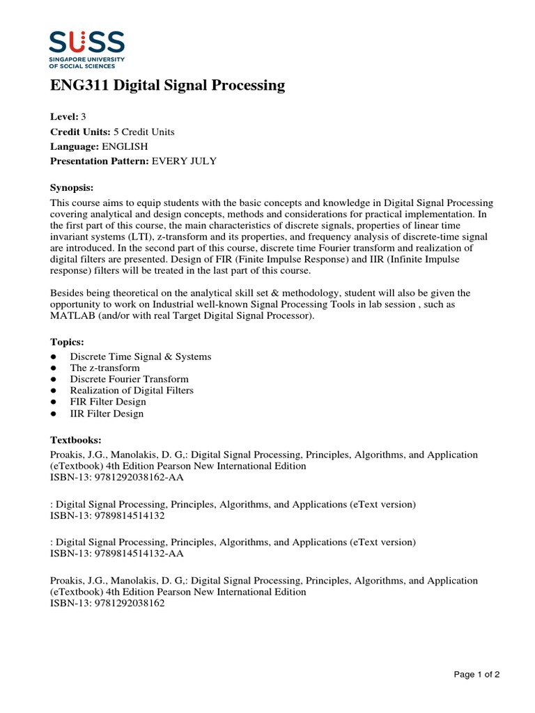 ENG311 Digital Signal Processing: Level: Credit Units: 5 Credit Units ...