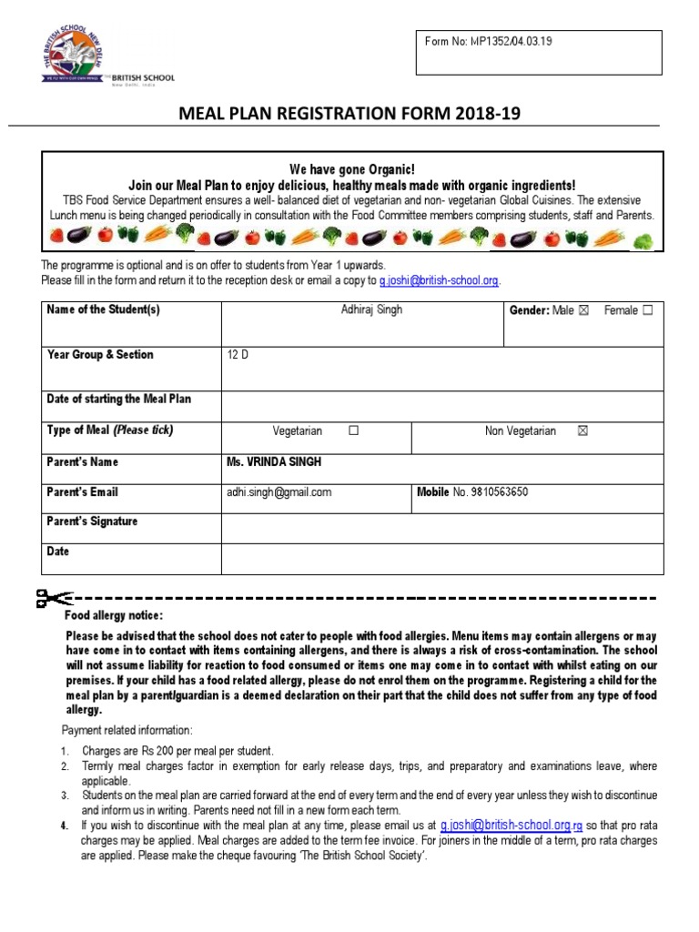 Meal Plan Form | PDF | Food Allergy | Meal