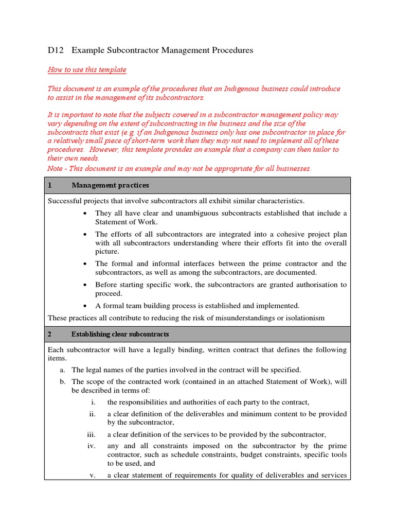 D12 Example Subcontractor Management Procedures | PDF | Subcontractor ...