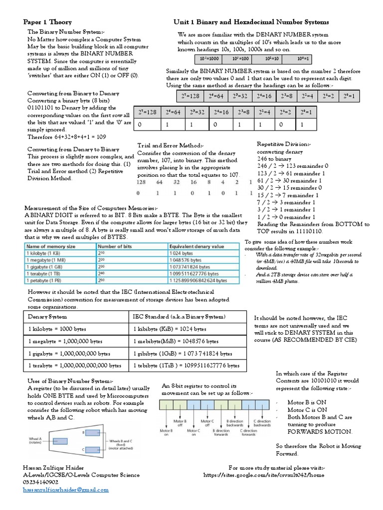Paper 1 Theory Unit 1 Binary and Hexadecimal Number Systems | PDF | Byte | Bit