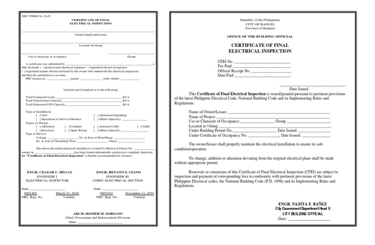 Certificate of Final Electrical Inspection - 0 | PDF | Electrical ...