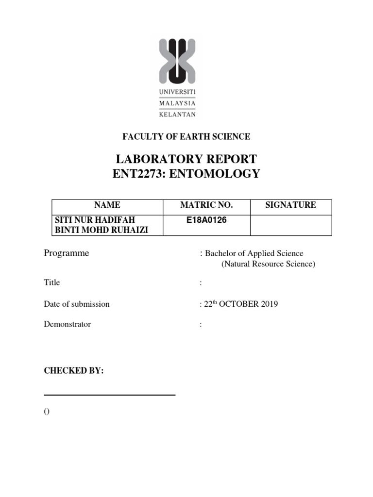 Laboratory Report Ent2273: Entomology: Faculty of Earth Science | PDF