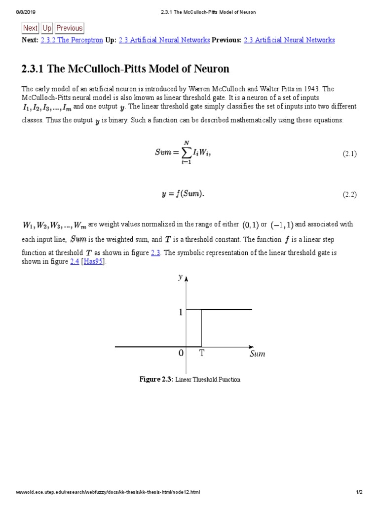 2.3.1 The McCulloch-Pitts Model of Neuron | PDF | Artificial Neural ...