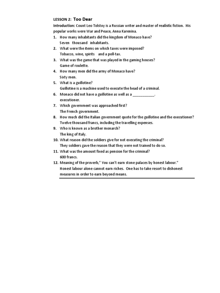 Too Dear: Lesson 2 | PDF