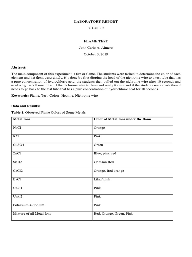 Flame Test Laboratory Report | PDF | Sodium | Potassium