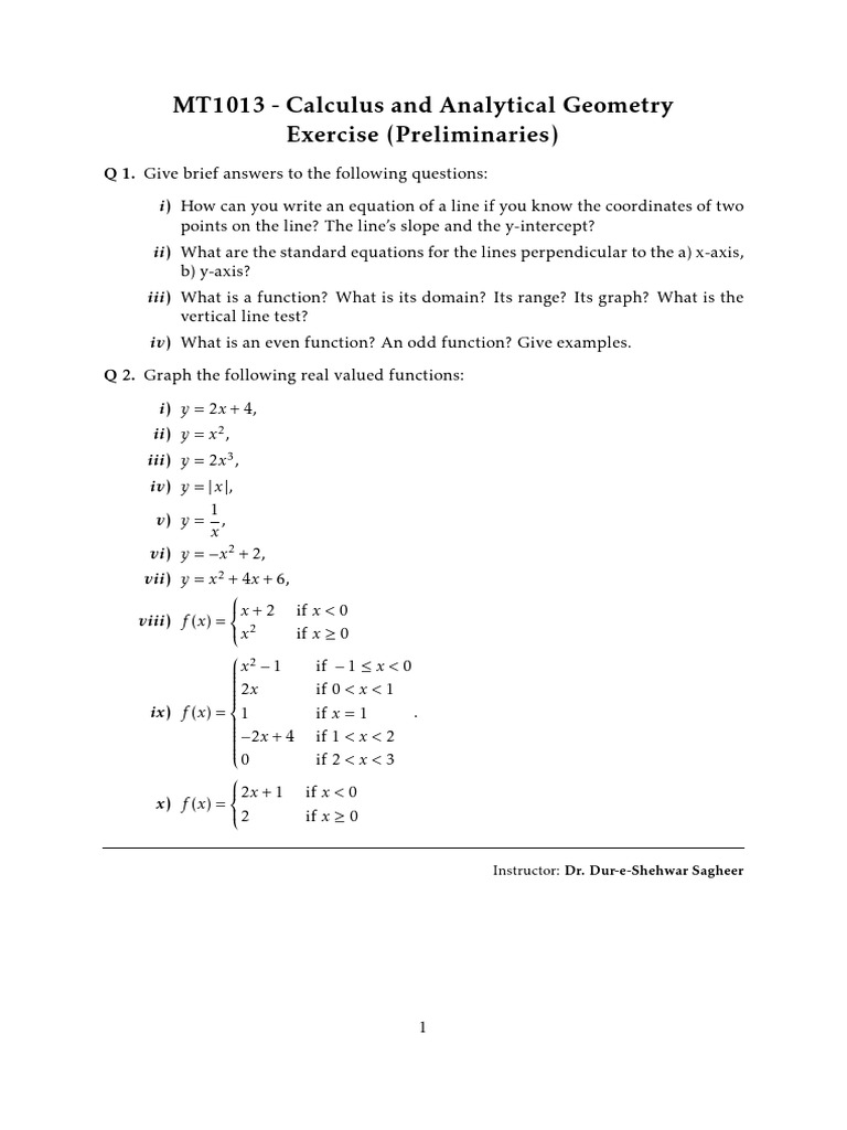 MT1013 - Calculus and Analytical Geometry Exercise (Preliminaries) | PDF