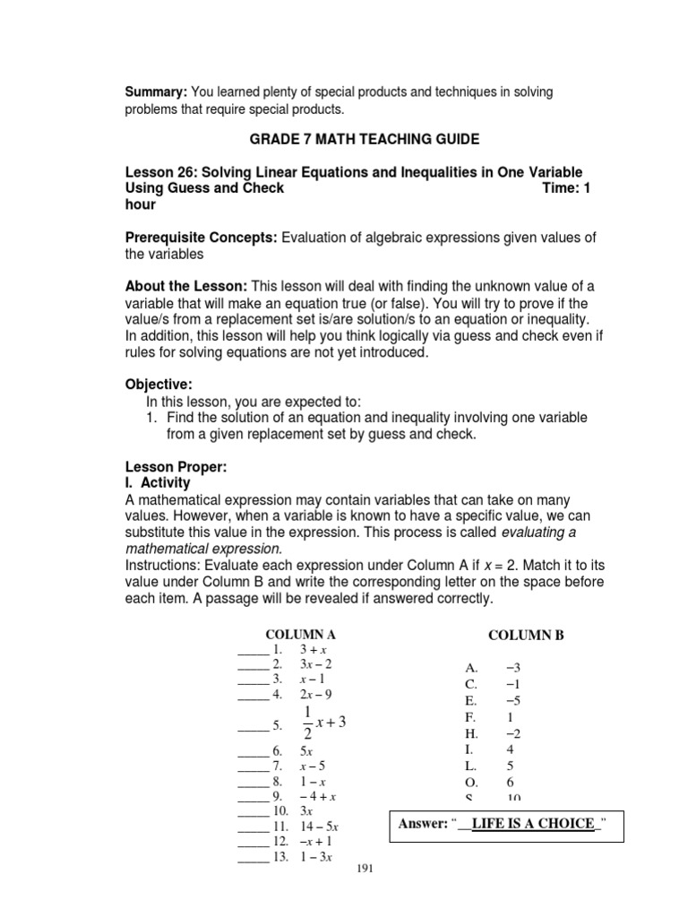 TG - Math 7 - Q3 PDF | PDF | Inequality (Mathematics) | Equations