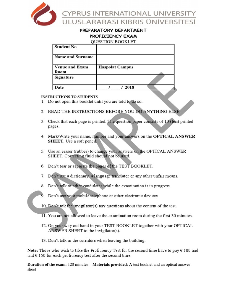Proficiency Exam Sample | PDF | Test (Assessment) | Nature