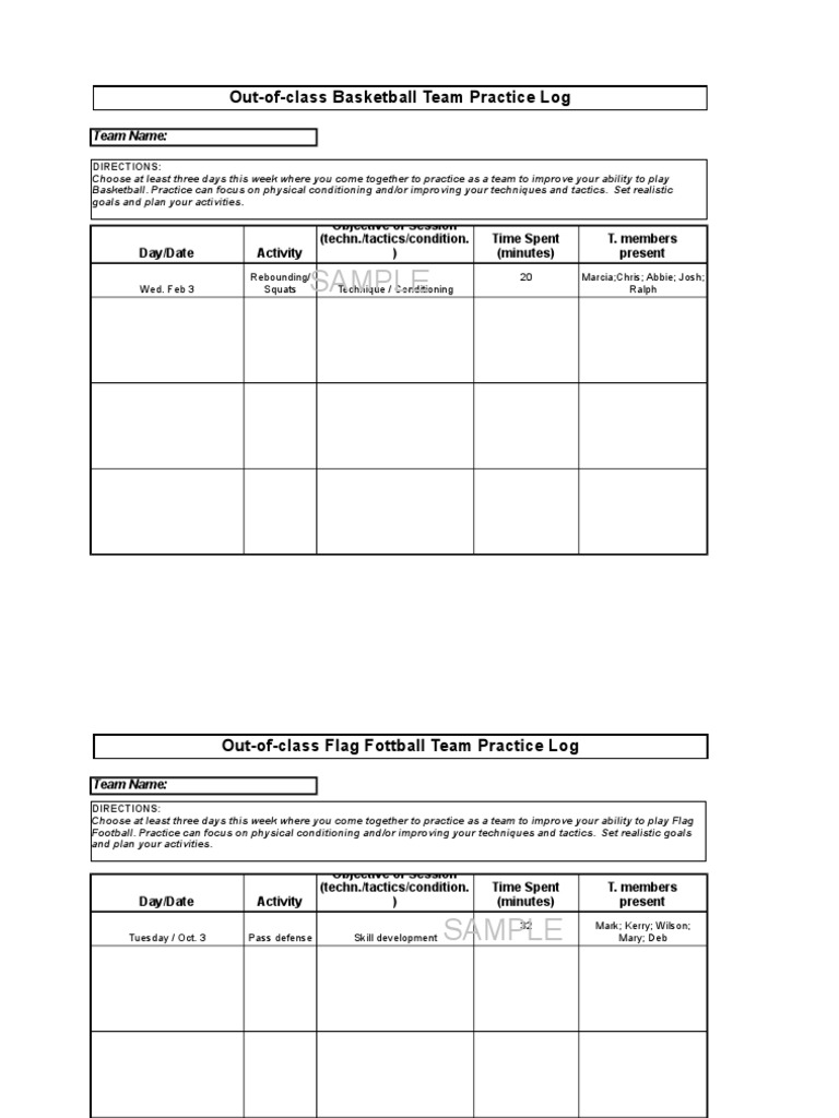 Team Practice Log Templates for Sports | PDF | Team Sports | Sports ...
