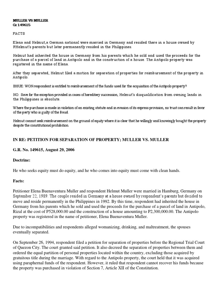 Muller Vs Muller Digest | PDF | Equity (Law) | Lease