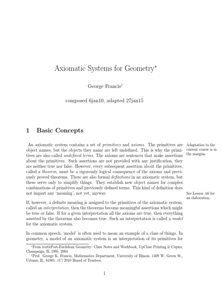 Axiomatic Systems For Geometry: 1 Basic Concepts | PDF | Axiom | Line (Geometry)