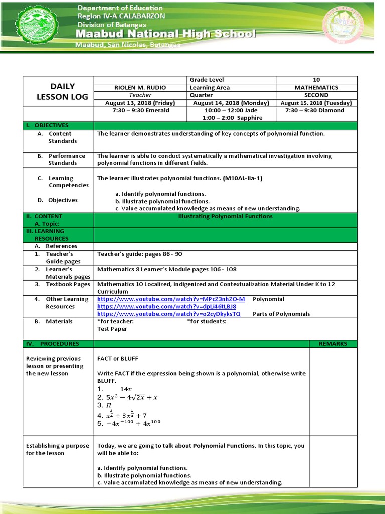 Daily Lesson Log: Teacher | PDF | Polynomial | Function (Mathematics)