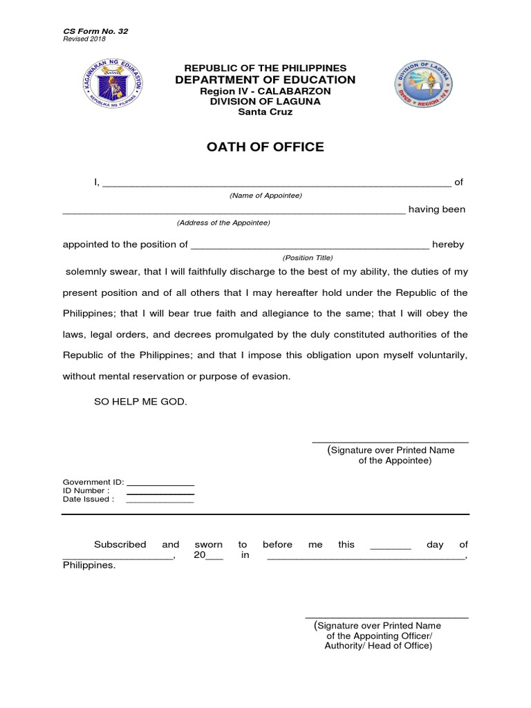 CSC Form No. 32 Oath of Office | PDF | Finance & Money Management ...