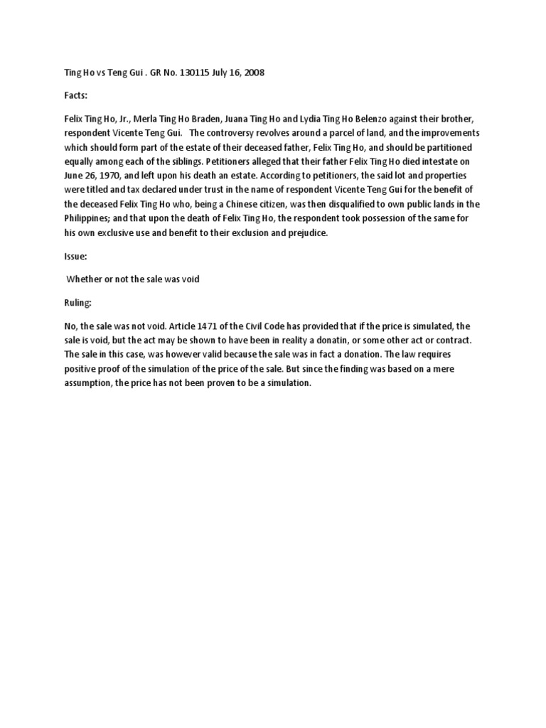 Ting Ho Vs Teng Gui | PDF