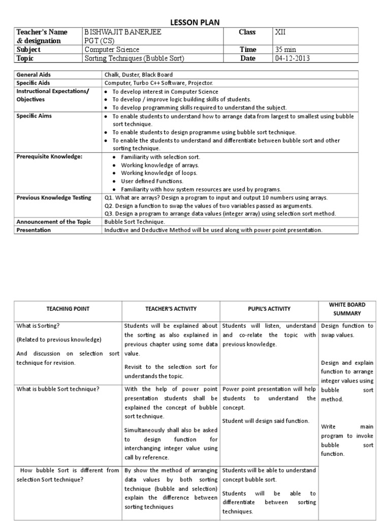 Lesson Plan Sorting (Bubble Sort) | PDF | Theoretical Computer Science ...