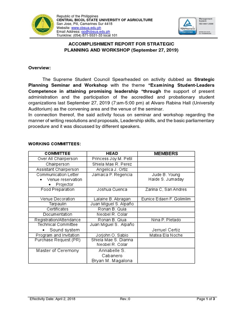 Accomplishment Report (Strat Plan) | PDF